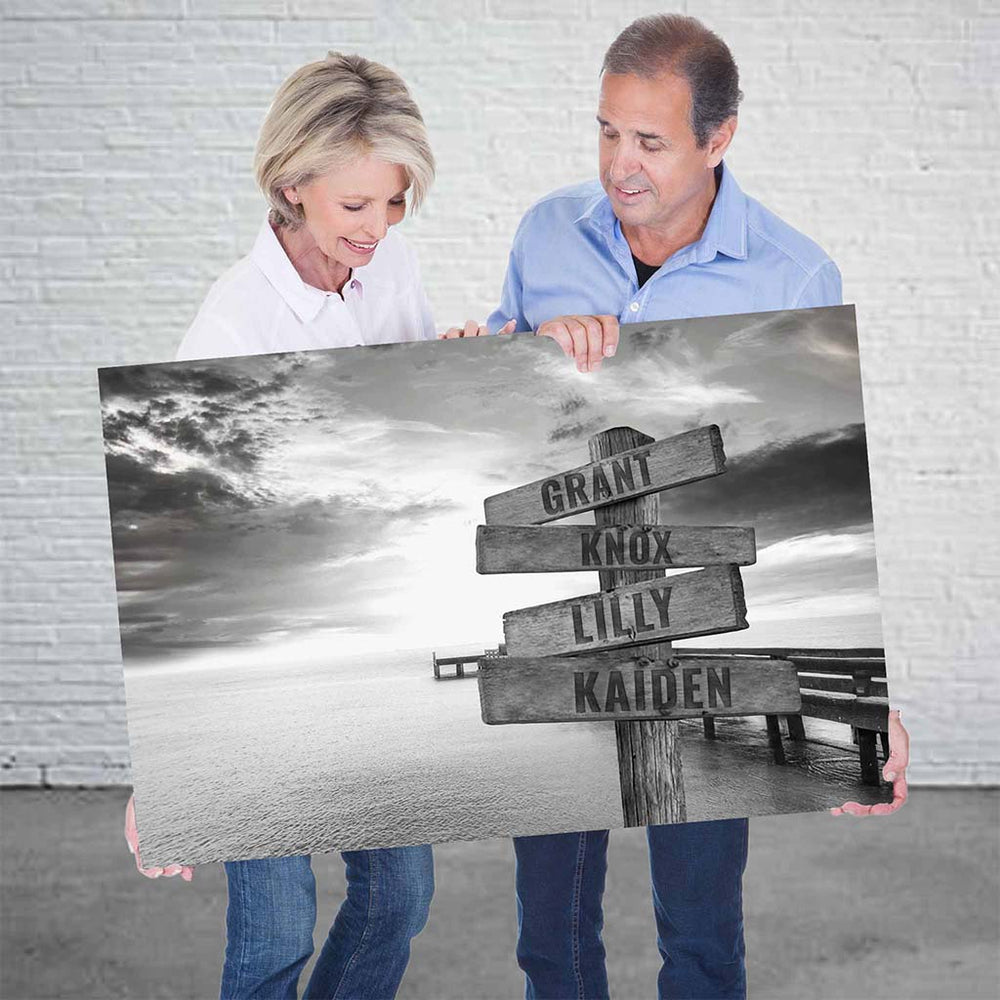 Ocean Dock B&W Multiple Names Directional Sign Canvas